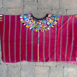Handwoven Vintage Guatemalan Folk Art, Red Ceremonial Huipil With Colorful Neckline, Patzun ...