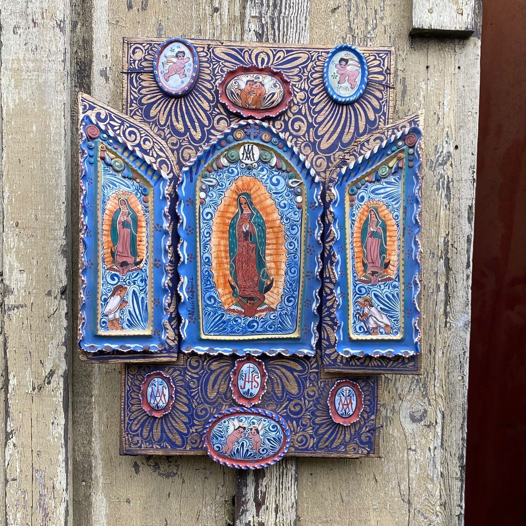 Handcrafted Mexican Folk Art, Virgin Mary Triptych Altar by Moises Rodriguez, Religious Clay Art ...