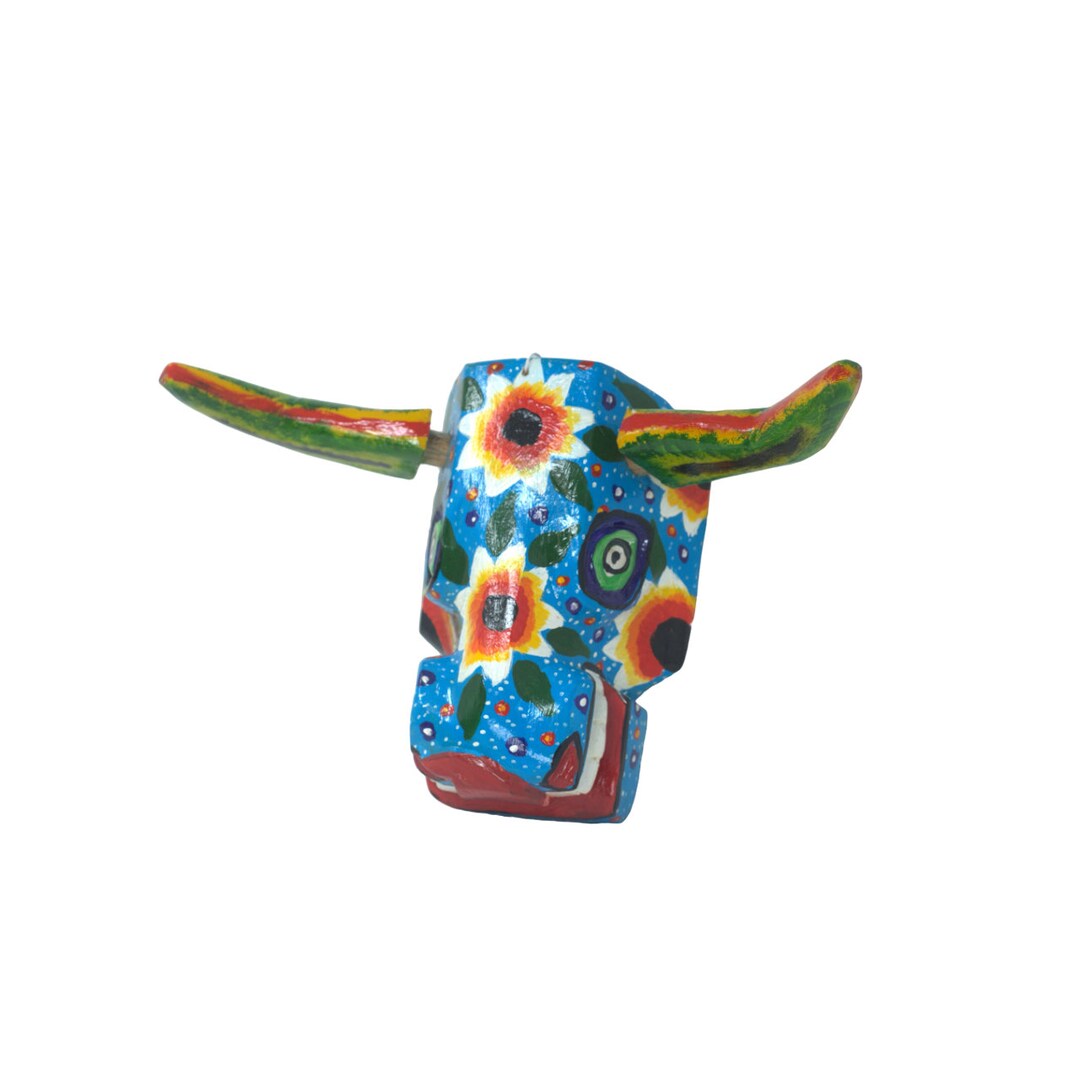 Handcarved Guatemalan Folk Art, Wooden Colorful Flower Blue Bull Mask ...