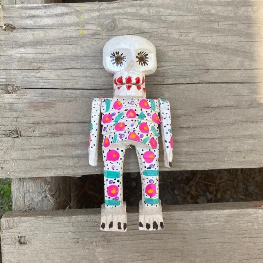 Wooden Day of the Dead Folk Art, White Skeleton With Eyelashes ...