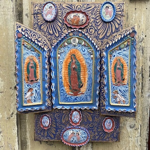 Handcrafted Mexican Folk Art, Virgin Mary Triptych Altar by Moises Rodriguez, Religious Clay Art ...