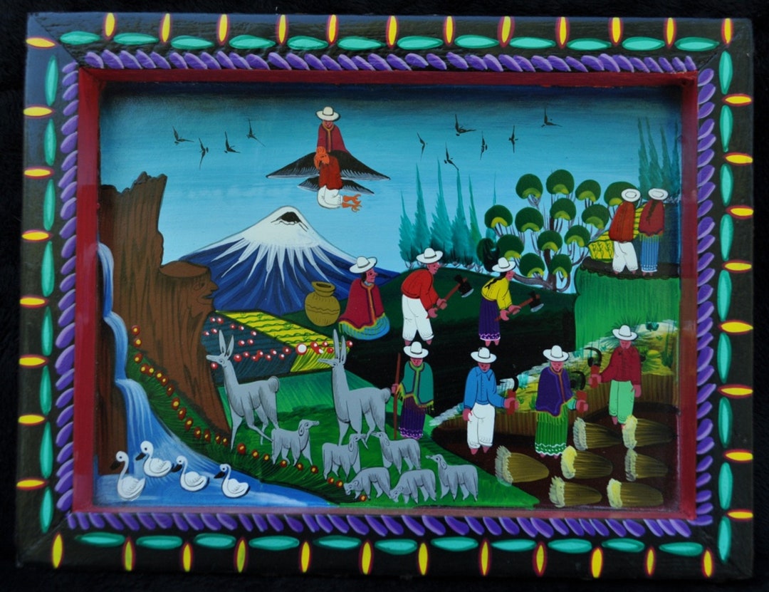 Vintage Hand Painted Tigua Painting on Sheepskin, Unique Ecuador Folk ...