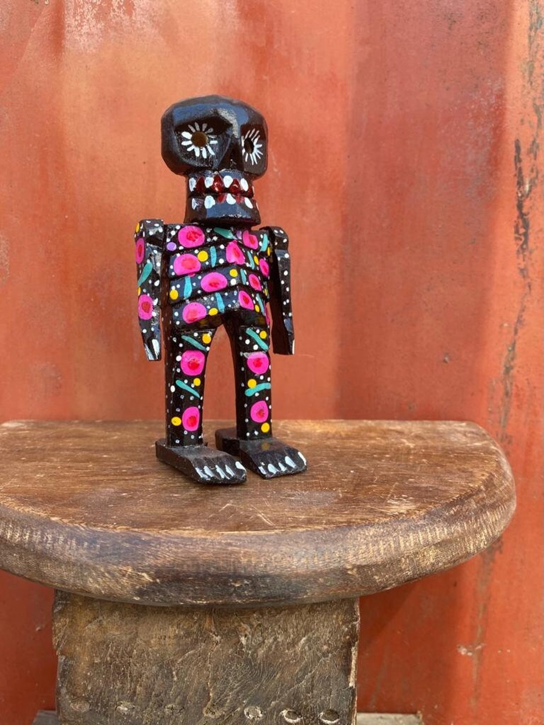 Wooden Day of the Dead Folk Art, Black Floral Skeleton With Eyelashes ...