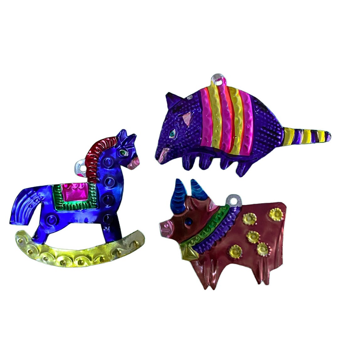 Handcrafted Mexican Folk Art, Tin Rocking Horse, Armadillo & Cow ...