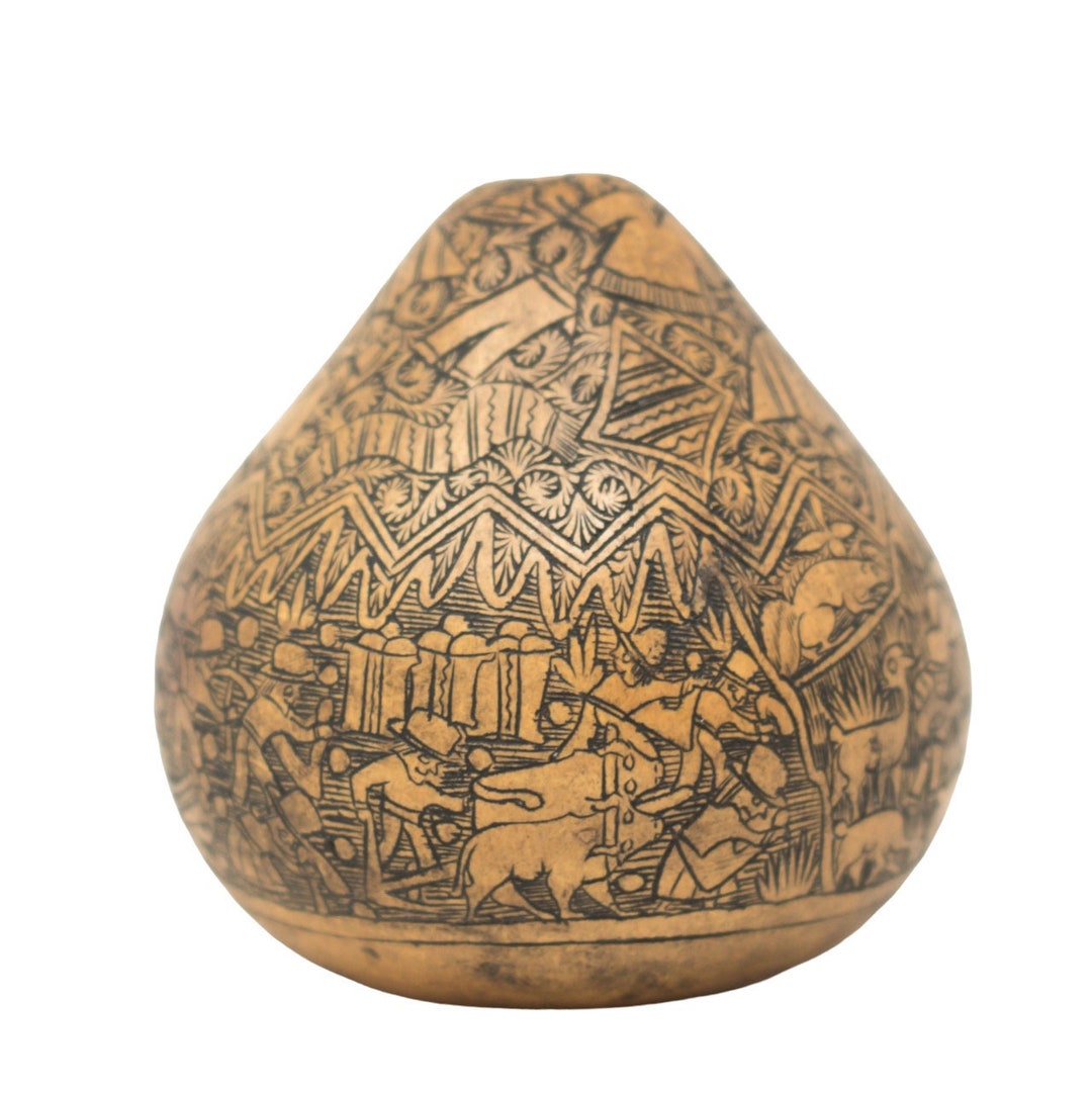 Handcarved Peruvian Gourd With Extreme Detail, A Story of Farming in ...
