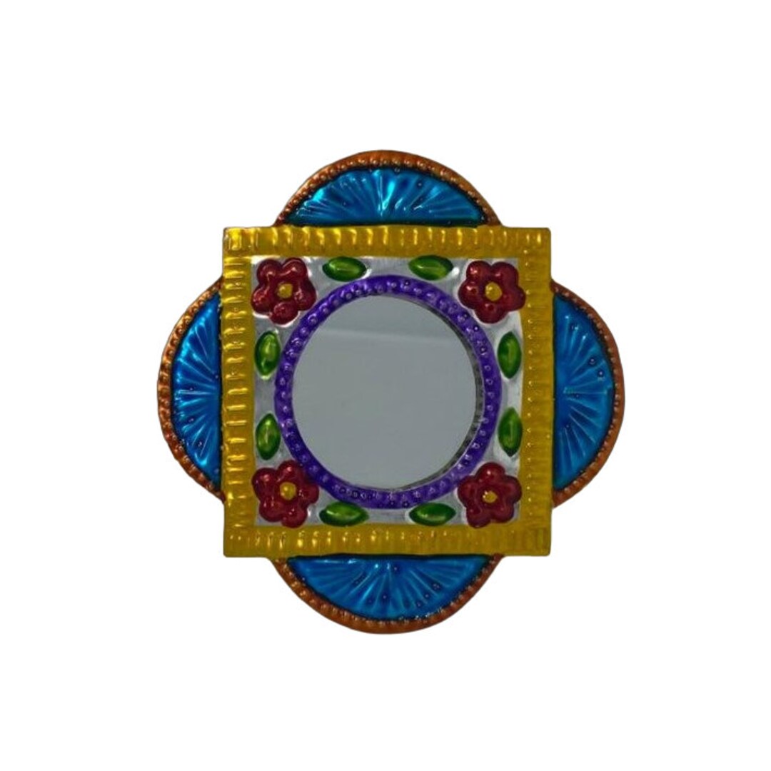 Rustic & Vintage Mexican Folk Art, Painted Tin Floral Mirror, Handcut ...