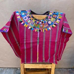 Handwoven Vintage Guatemalan Folk Art, Red Ceremonial Huipil With Colorful Neckline, Patzun ...