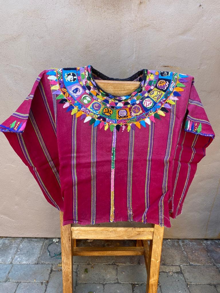 Handwoven Vintage Guatemalan Folk Art, Red Ceremonial Huipil With Colorful Neckline, Patzun ...