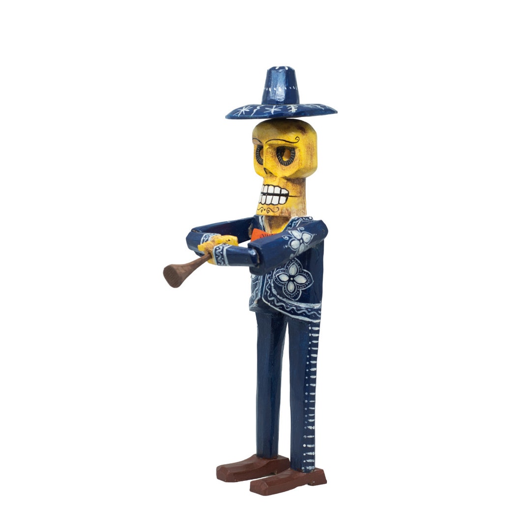 Handcarved Wooden Folk Art, Navy Blue Day of the Dead Mariachi Skeleton ...