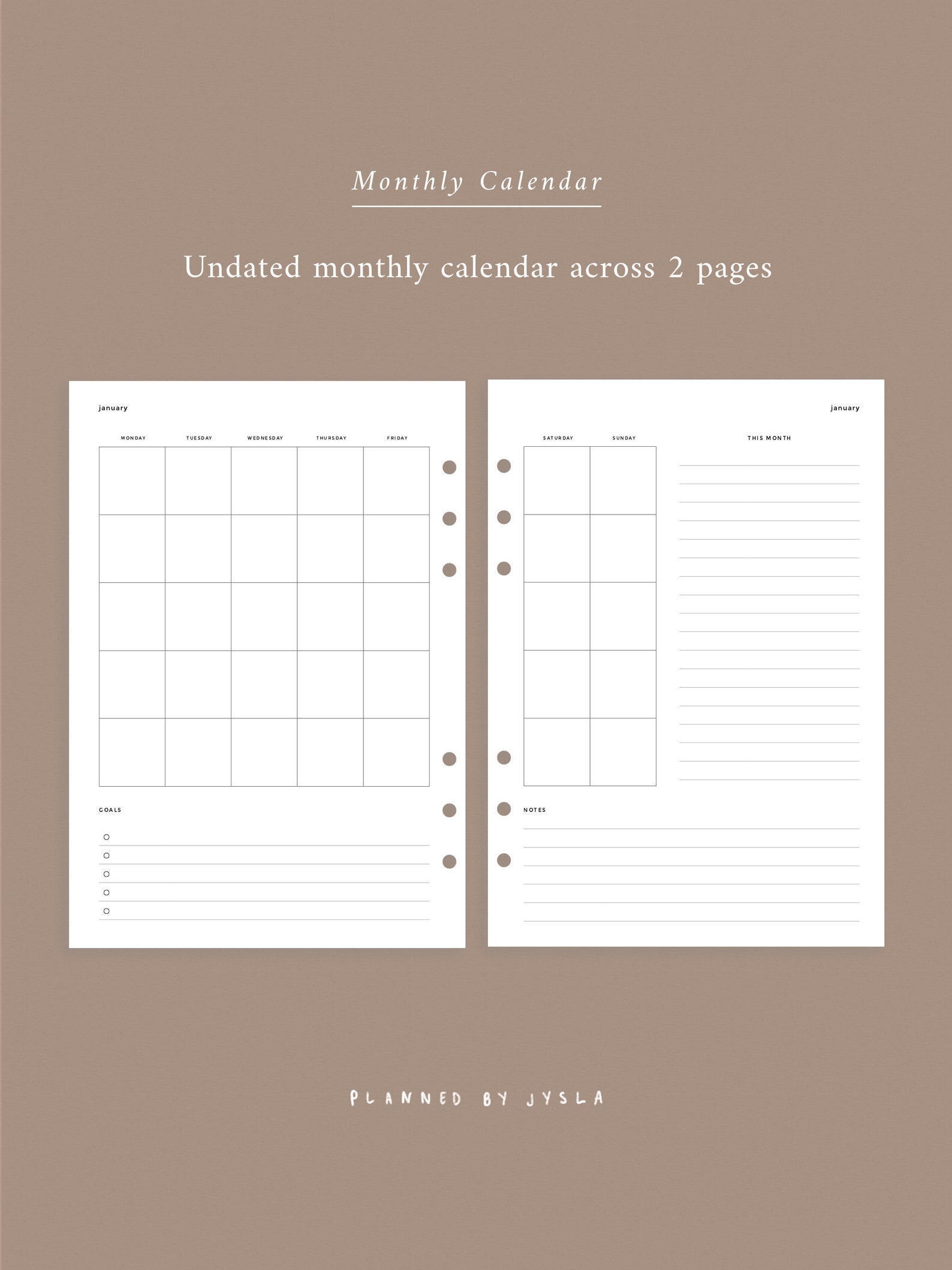 Undated Monthly Calendar A5 Planner Printable — Month on 2 Pages, 2 ...