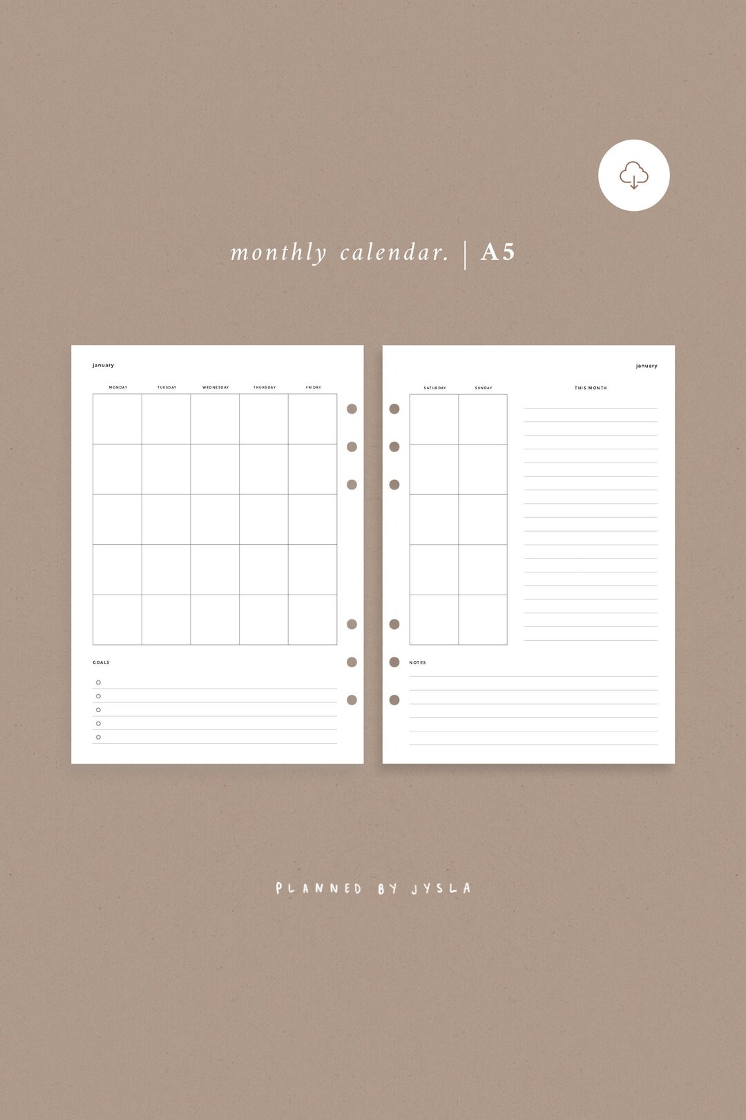 Undated Monthly Calendar A5 Planner Printable — Month on 2 Pages, 2 ...
