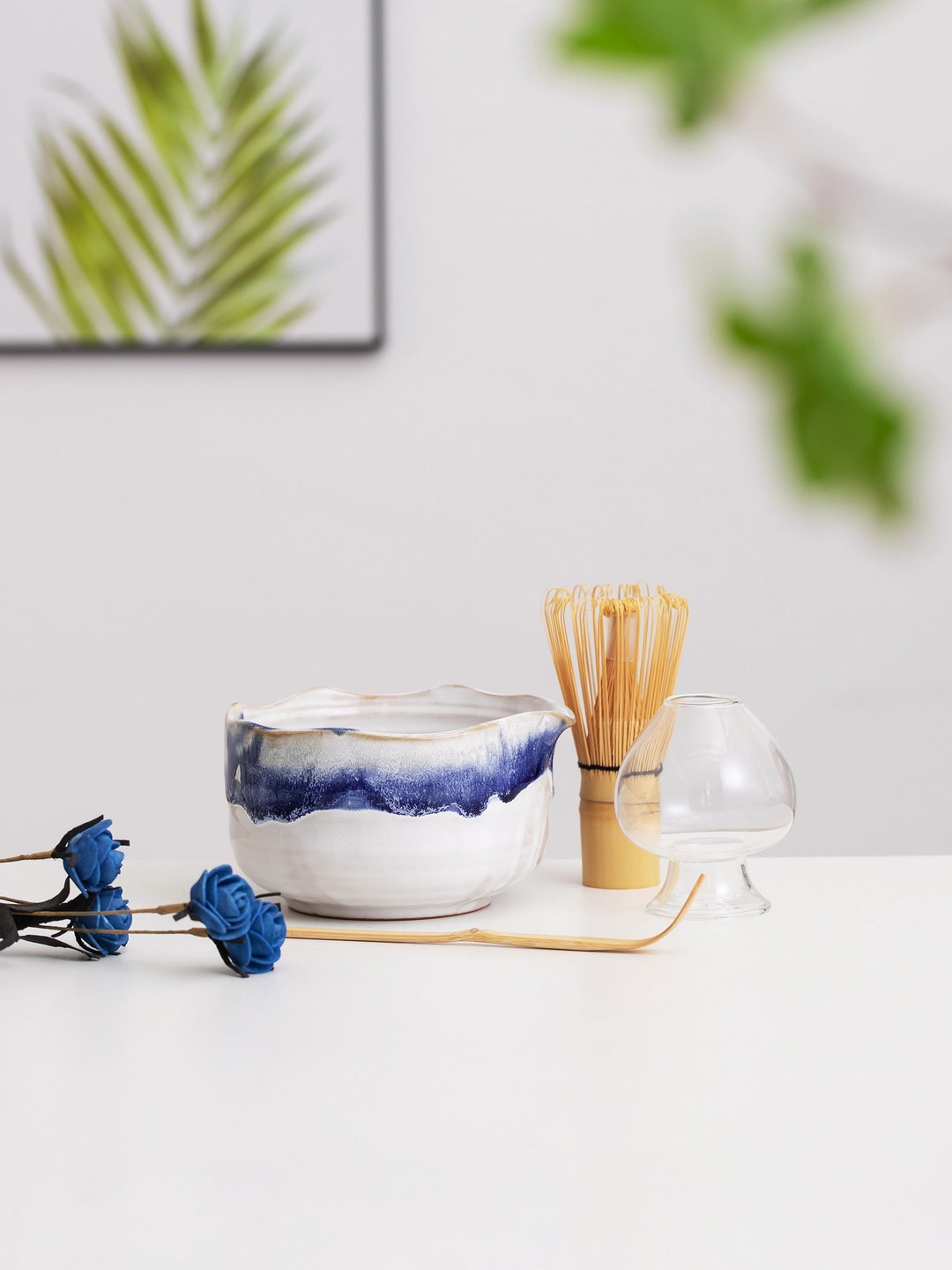 Handcrafted Blue Ocean Wave Glaze Ceramic Matcha Bowl Set With Mushroom ...