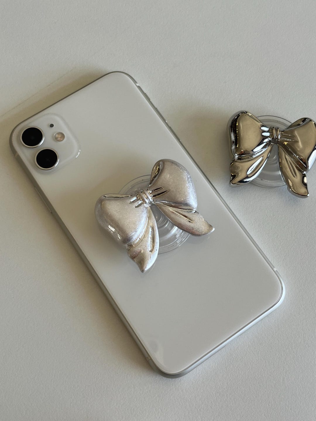 Vintage Silver Ribbon Bow Phone Grip – Cute Chrome Griptok for Iphone, Aesthetic Metal Pop ...
