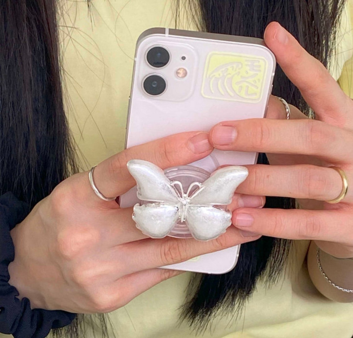 Vintage Silver Butterfly Phone Grip – Chrome Griptok for Iphone, Elegant Y2K Aesthetic Pop ...