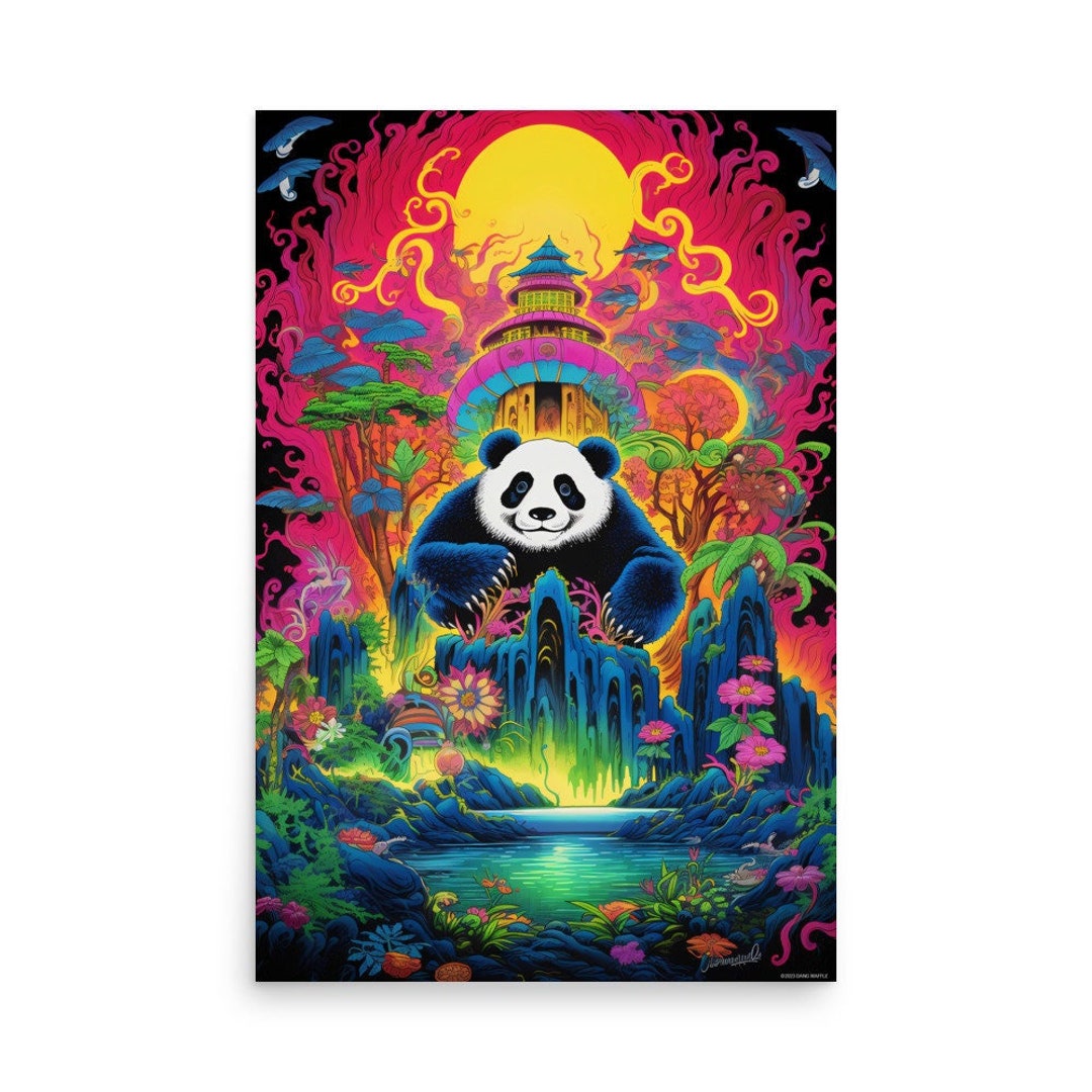 Psychedelic Panda Poster: Dreamy Oriental Landscape Art - Etsy