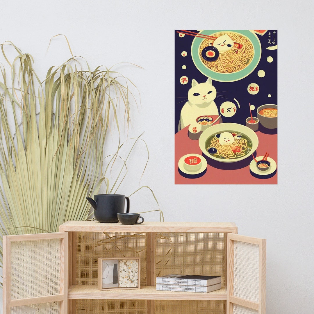 Cat Poster, Vintage Cat Art, Fortune Cat Eating Ramen, Retro Japan Kawa ...