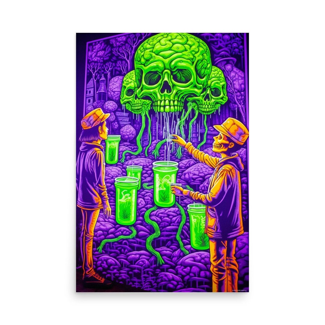 Neon Surreal Skull Blacklight Poster, Psychedelic Ritual, Vibrant Eerie ...