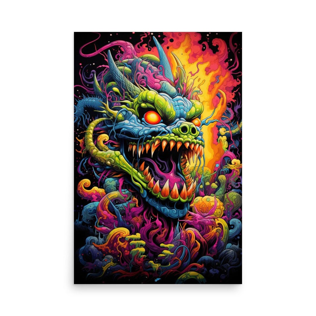 Psychedelic Dragon Poster - Vibrant Trippy Retro Wall Art With Groovy ...