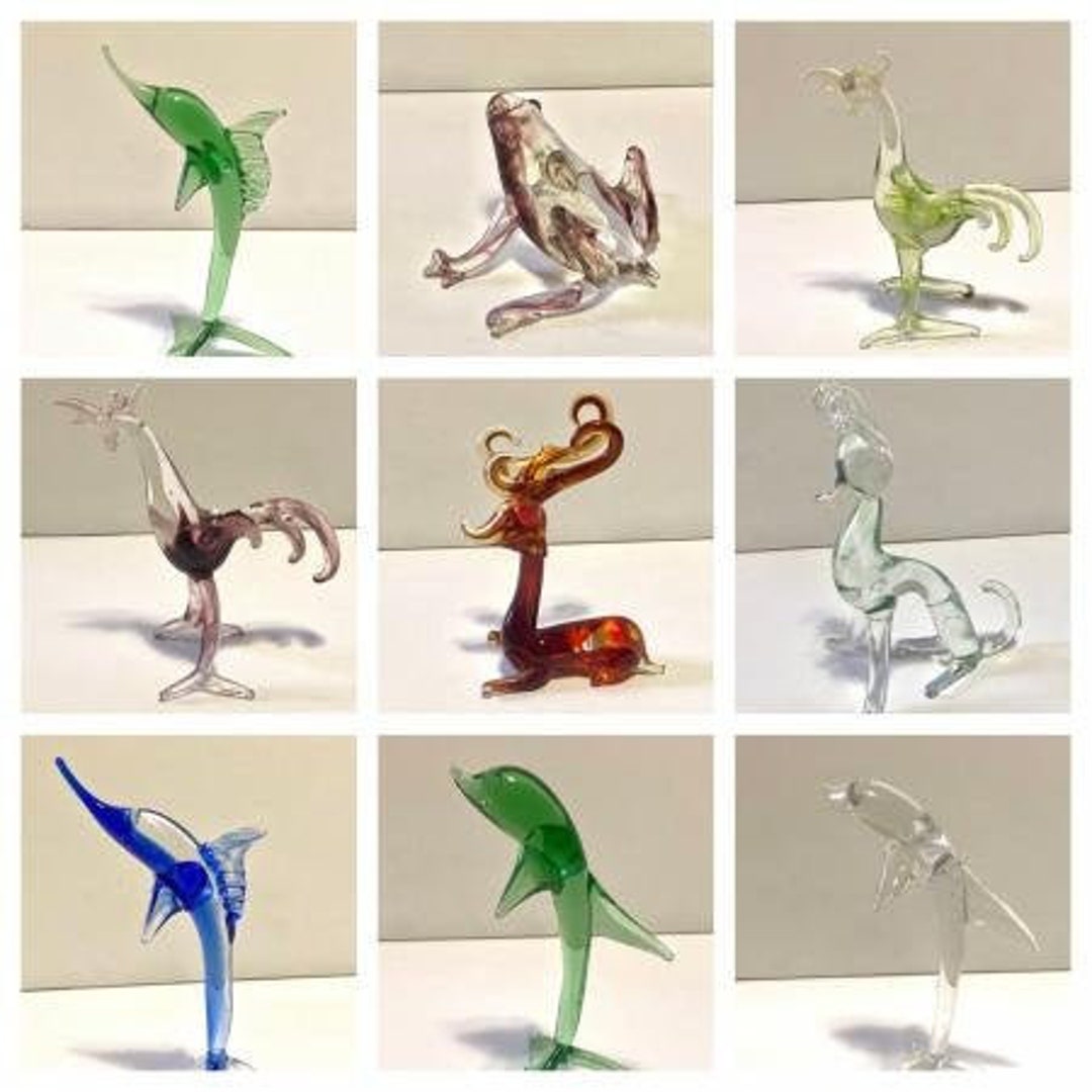 Blown Glass Assorted Animals Figurines - Roosters, Swordfishes, Sitting ...