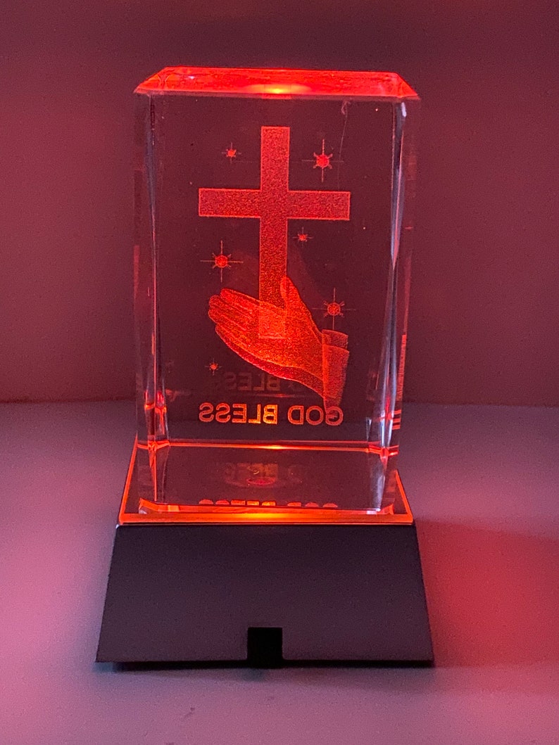 God Bless Cross With Open Hand Laser Etched 3D Crystals. Size: 2"x2"x3 ...