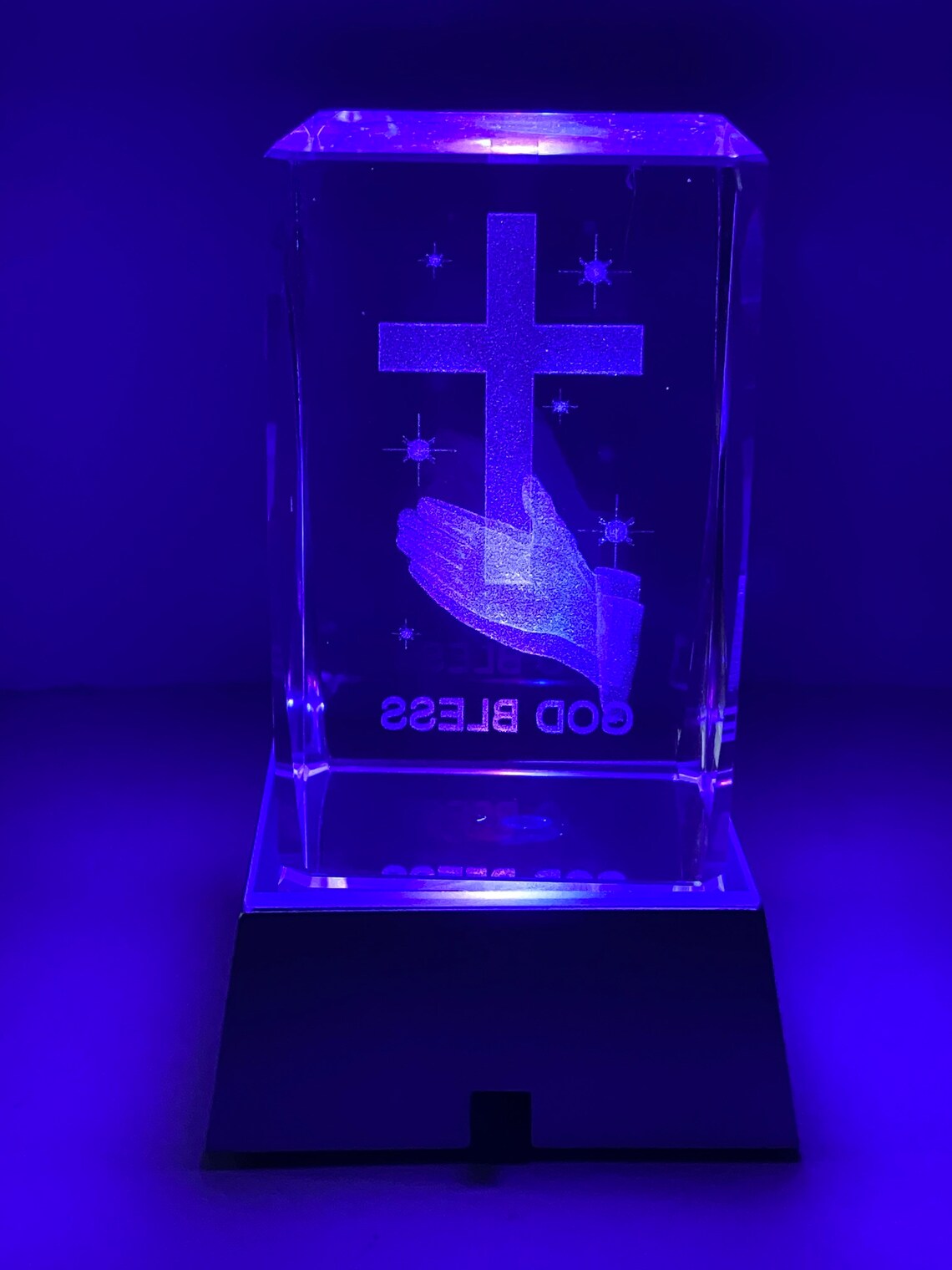 God Bless Cross With Open Hand Laser Etched 3D Crystals. Size: 2"x2"x3 ...