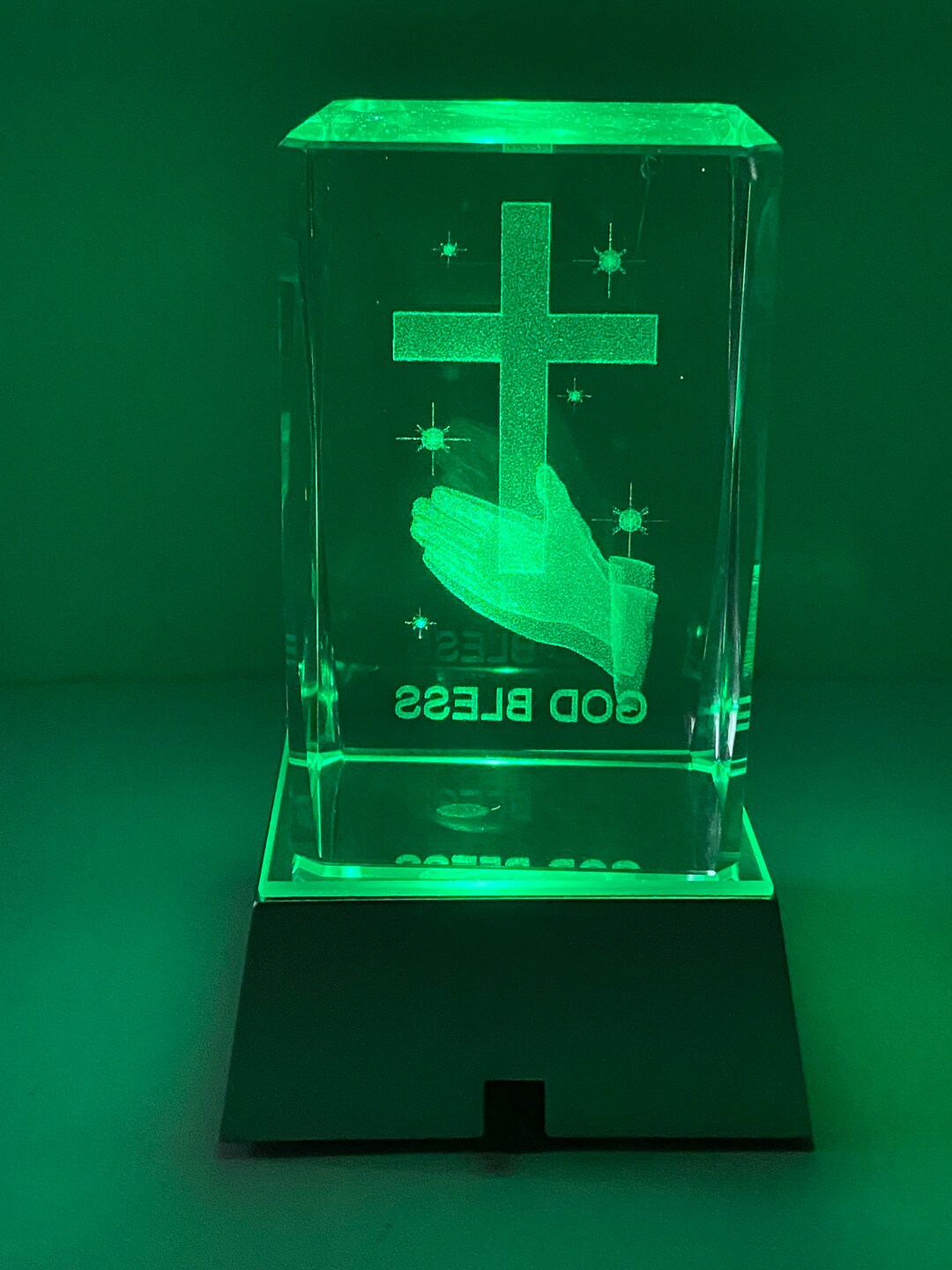 God Bless Cross With Open Hand Laser Etched 3D Crystals. Size: 2"x2"x3 ...