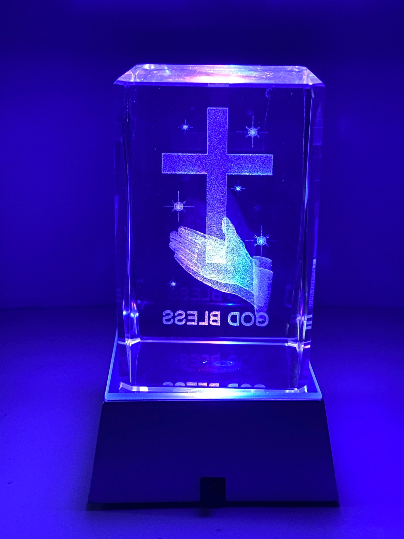 God Bless Cross With Open Hand Laser Etched 3D Crystals. Size: 2"x2"x3 ...