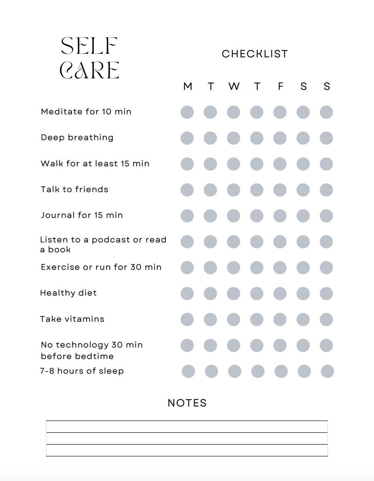 5 Color Options - Self Care Checklist, Printable Digital PDF Wellness ...