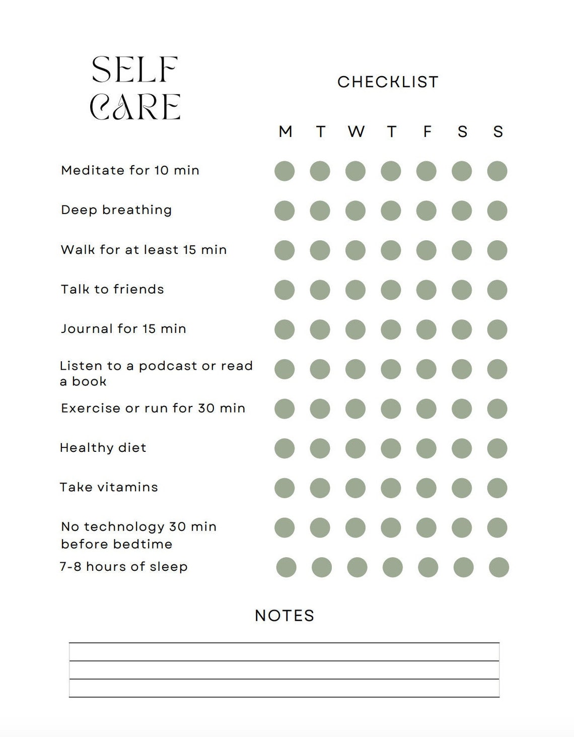 5 Color Options - Self Care Checklist, Printable Digital PDF Wellness ...