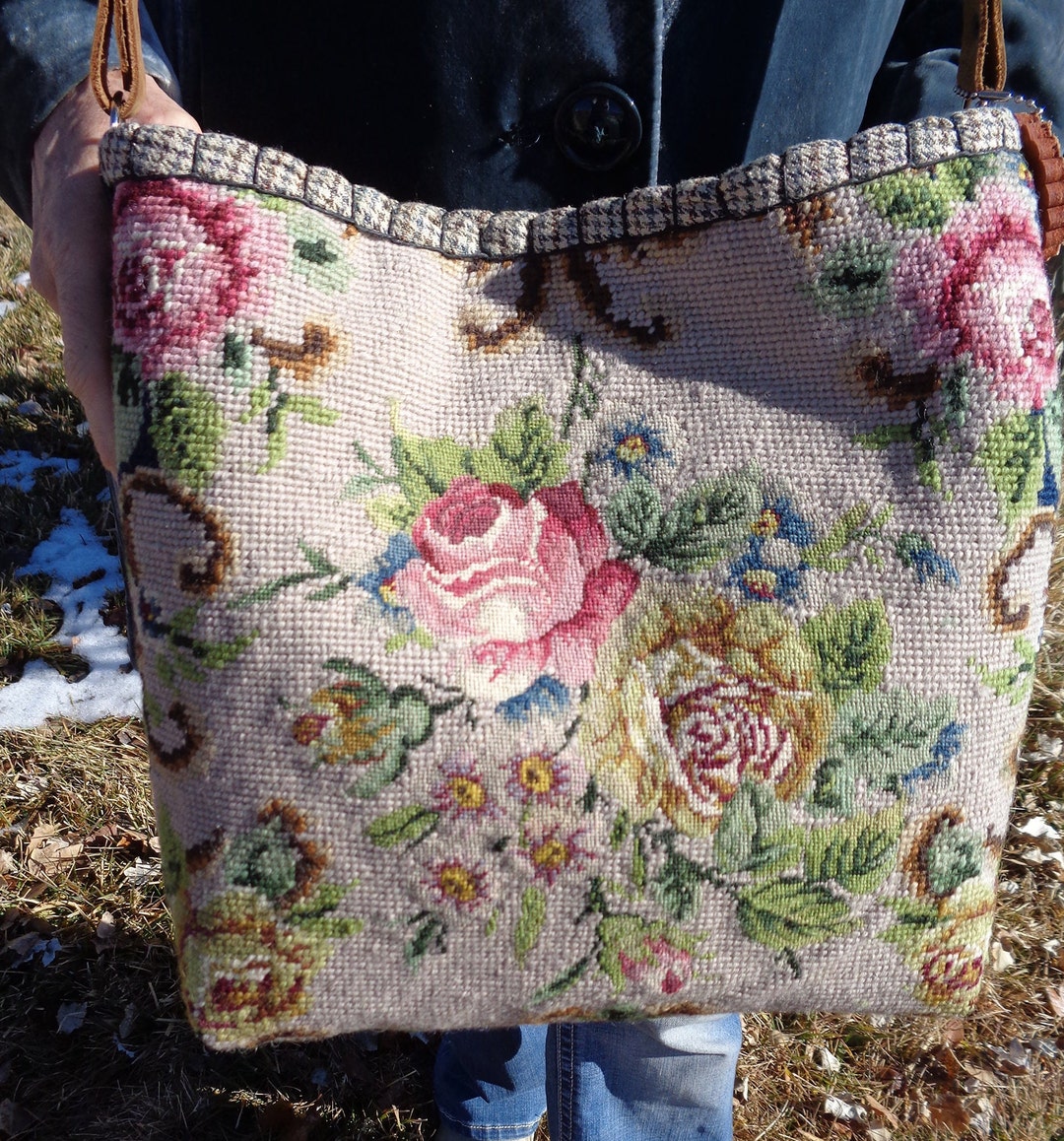 Needlepoint Handbag, Petit Point Purse, Navy Crossbody, Medium Size Bag ...