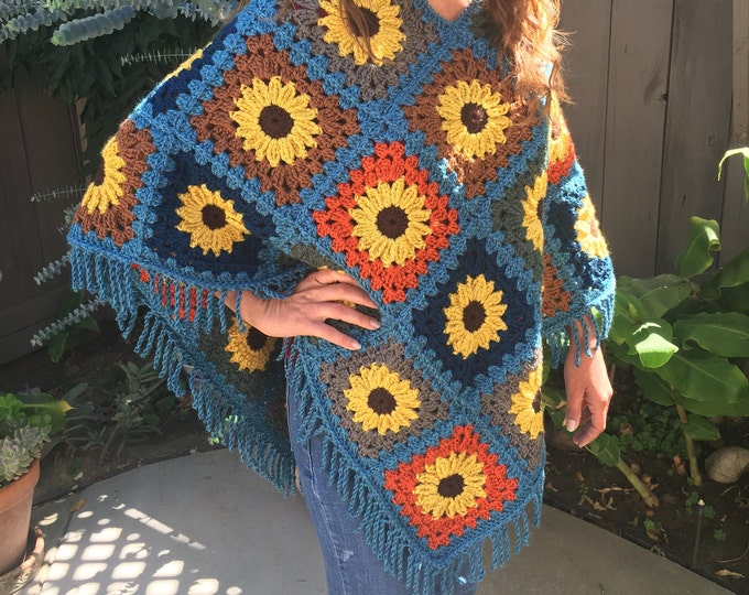 One Sized Poncho/sml/colorful Crochet Floral Granny Square Earthy ...