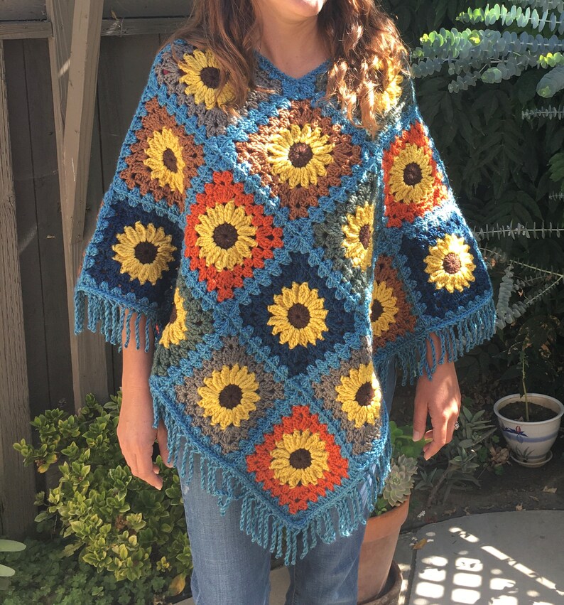 One Sized Poncho/sml/colorful Crochet Floral Granny Square Earthy ...