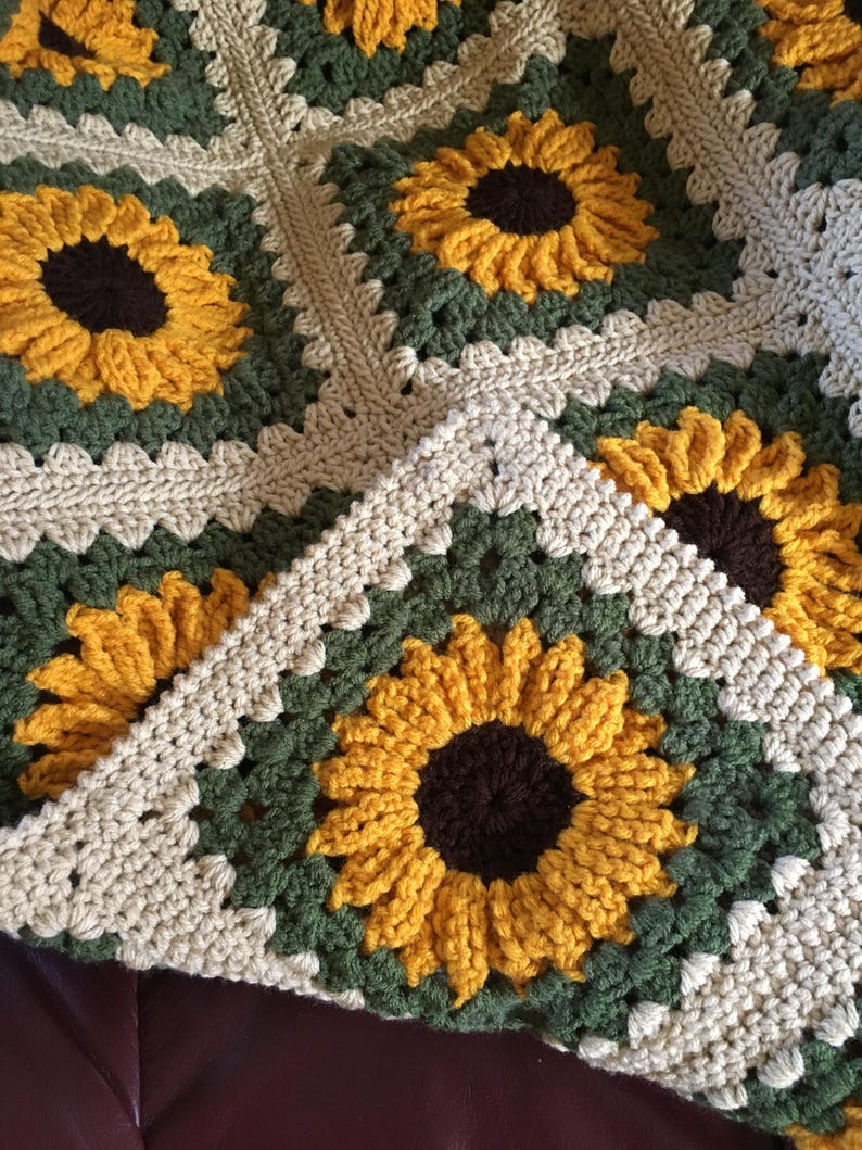 Crocheted Sunflower Granny Square Afghan, Big Sunflowers Blanket ...