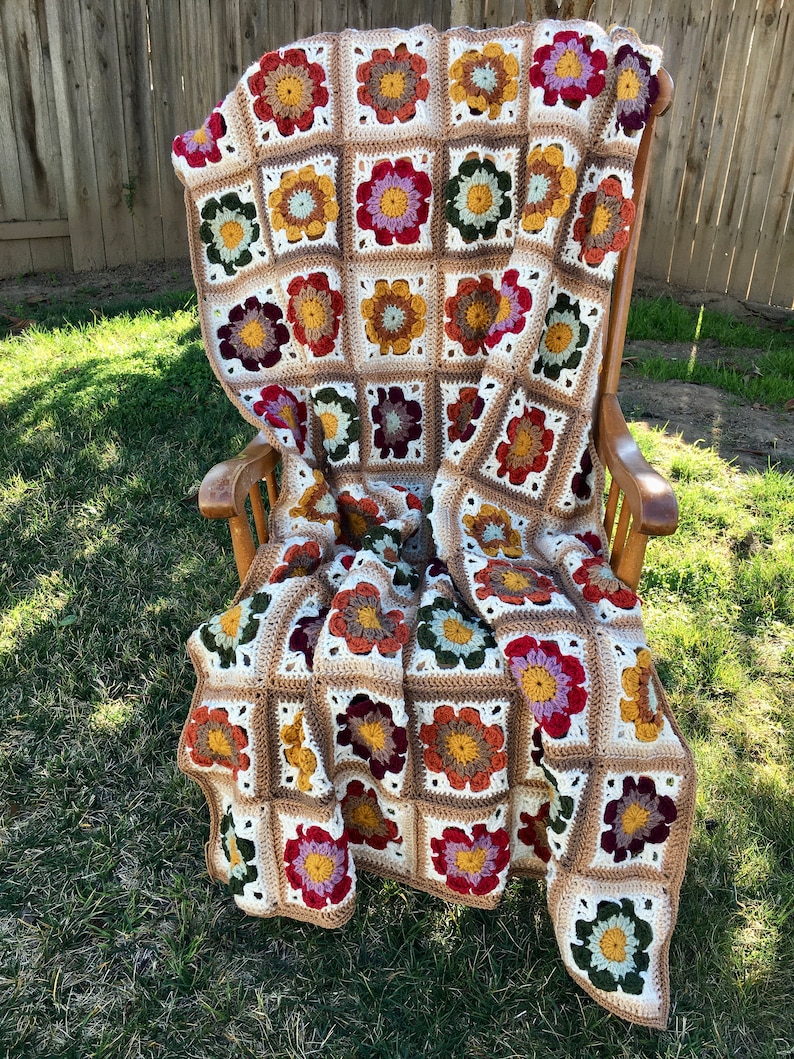Fall Floral Afghan Pattern: Crocheted Colorful Earthy Tones Granny ...