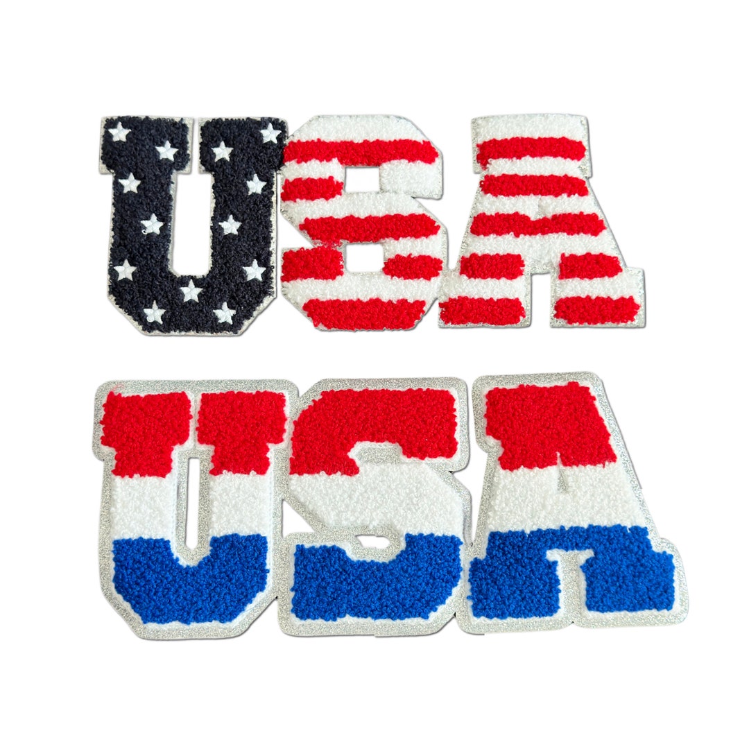 USA Chenille Iron on Patch, 4th of July Patches, USA Letter Patch, American Flag Iron on Patch ...