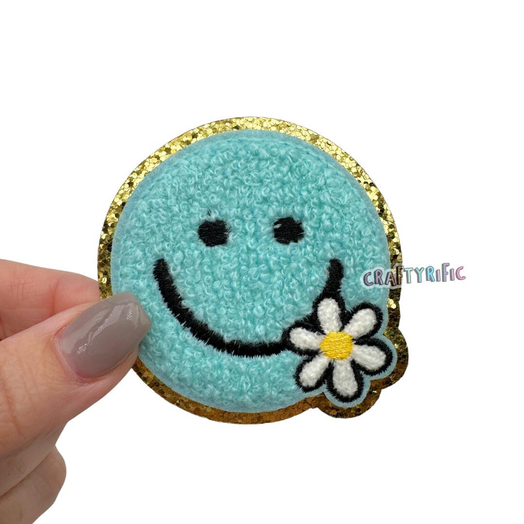 Blue Flower Happy Face Patch, Funny Patch, Preppy Patch, Chenille Patch ...