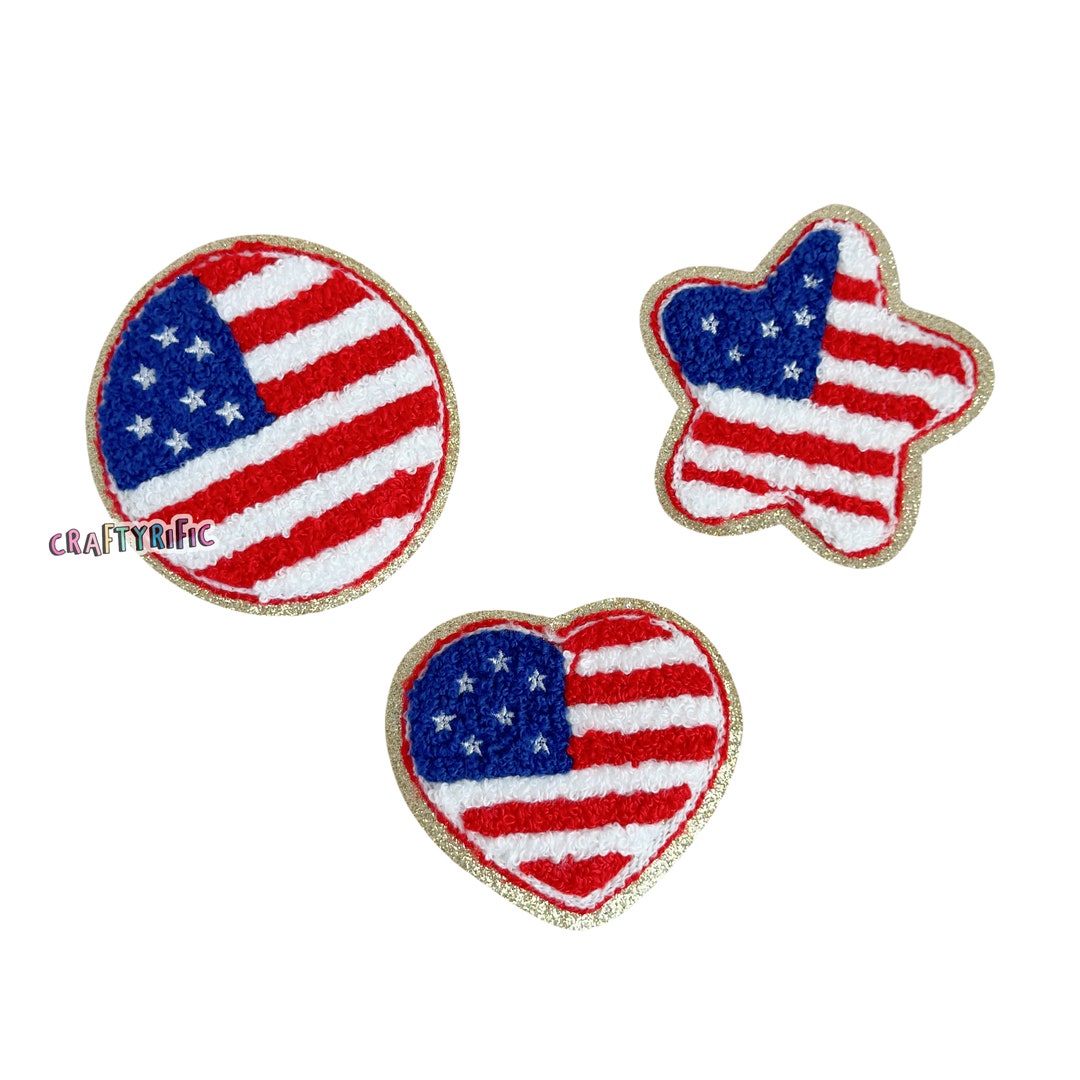 American Flag Chenille Patch, Iron on Patch for Hats and Bags, 4th of July Patches, Heart Shaped ...