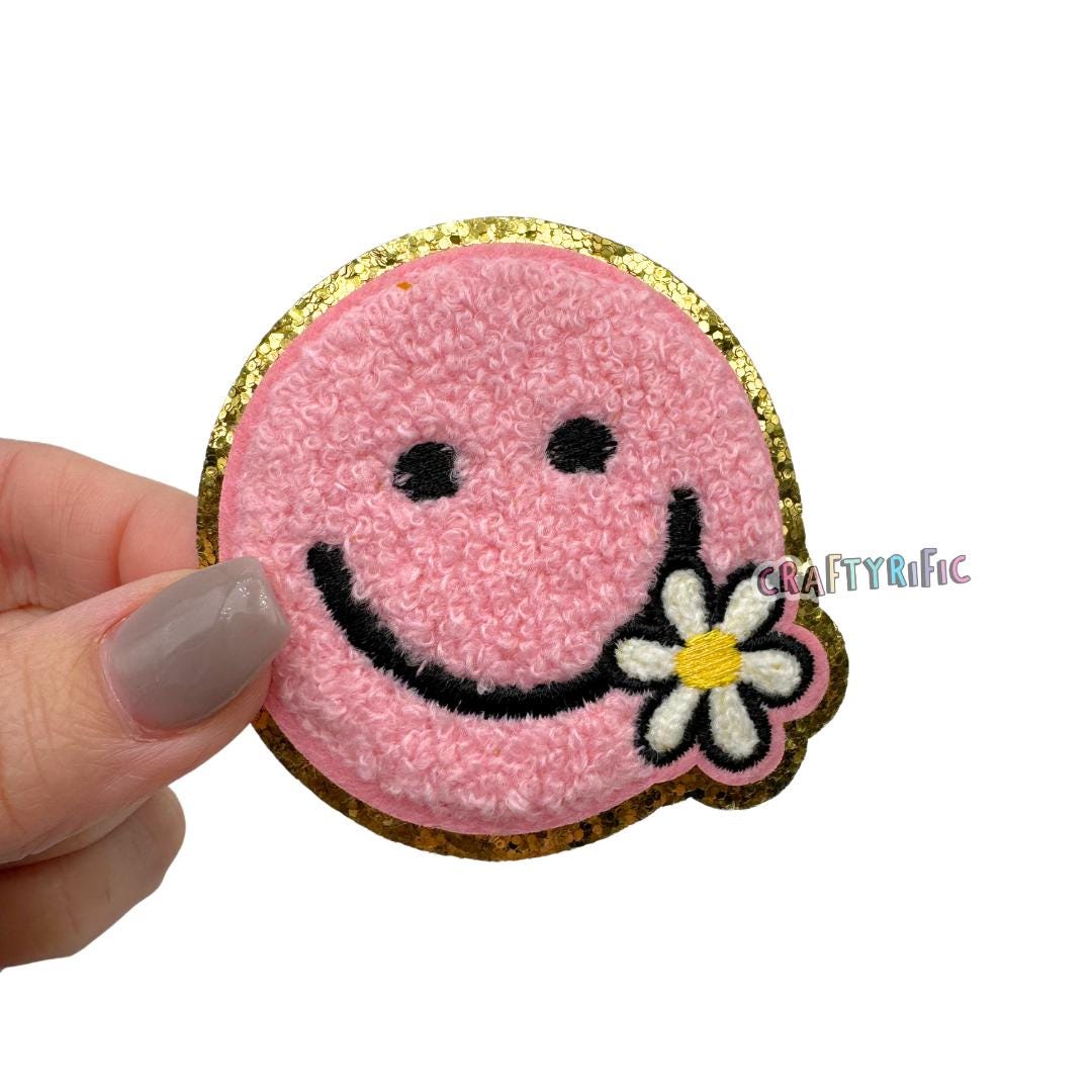 Pink Flower Happy Face Patch, Funny Patch, Preppy Patch, Chenille Patch, Hat Patch, Trucker Hat ...