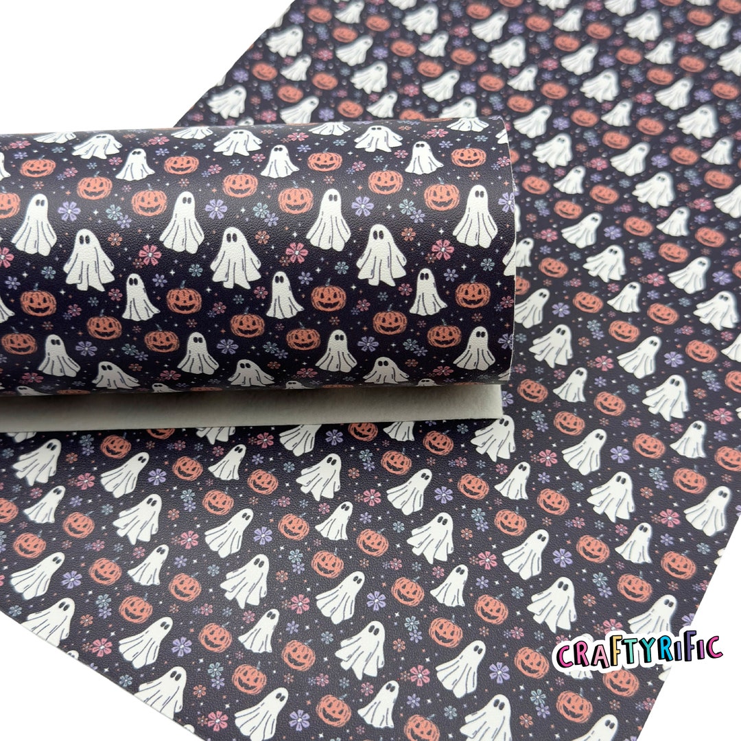 Black Pumpkin Ghosts Faux Leather Sheet, Halloween Faux Leather Sheets ...
