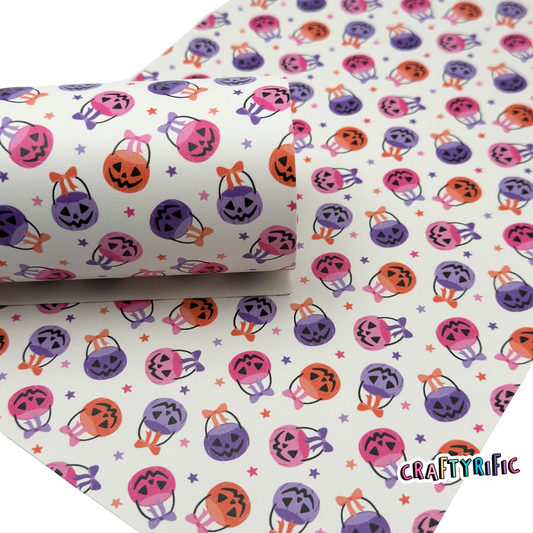 Cute Pumpkin Candy Bucket Faux Leather Sheet, Halloween Faux Leather ...