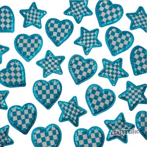 Turquoise Heart and Star Patches, Sequin Checkered Patch, Heart Patch ...