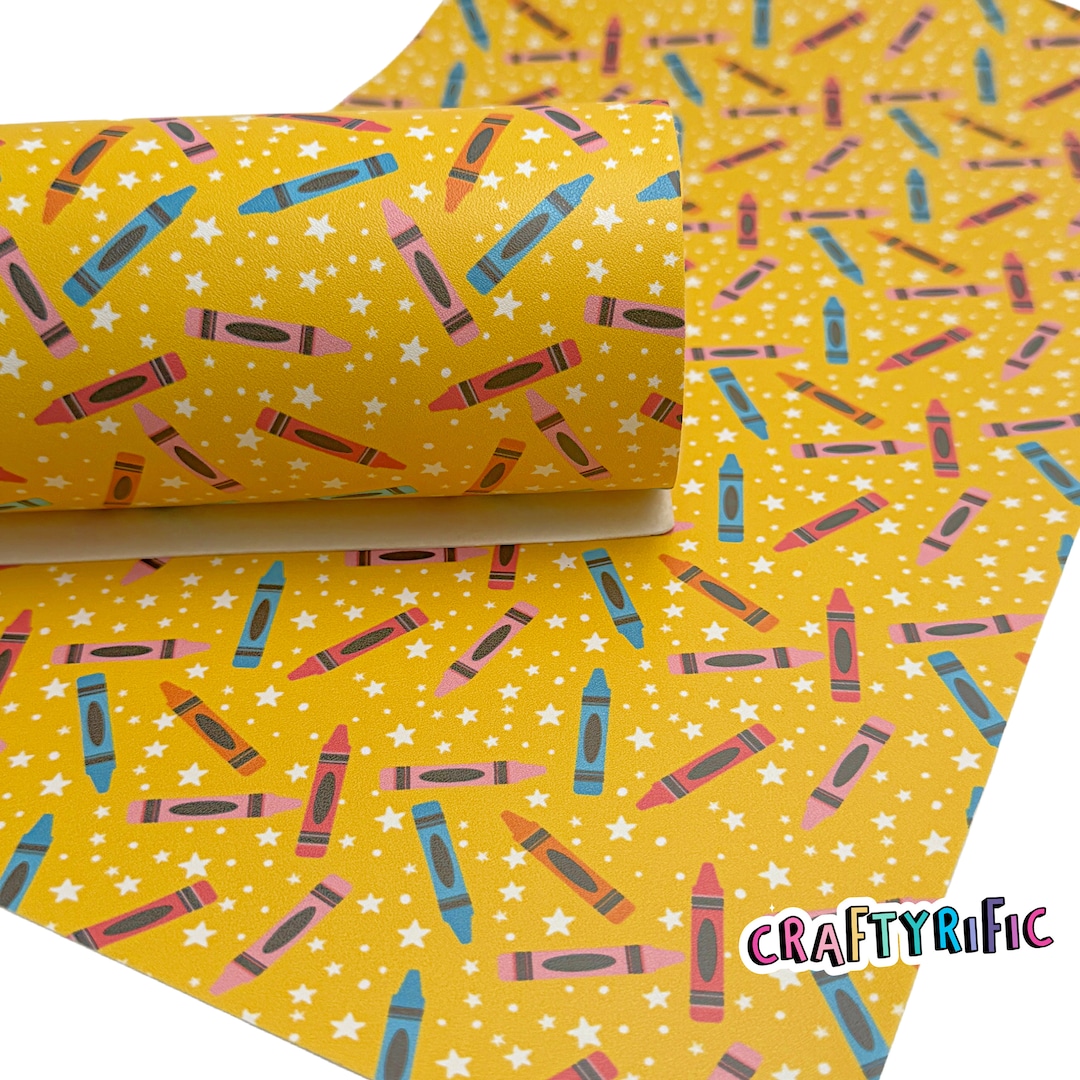 School Faux Leather Sheet, Crayons Design Fabric, Back to School Faux ...