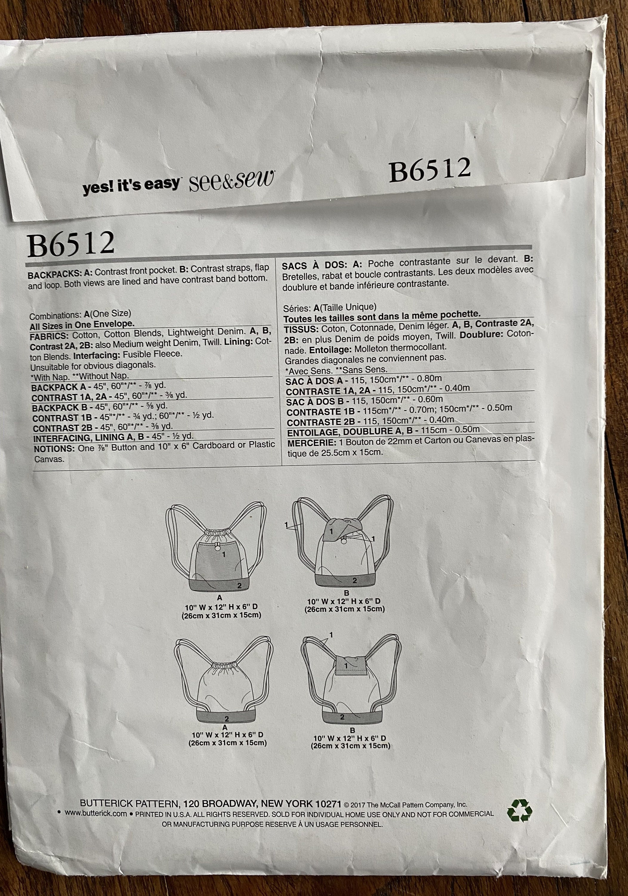 Butterick Bag Pattern B6512, Bag Sewing Pattern, Bag Pattern, Bag ...