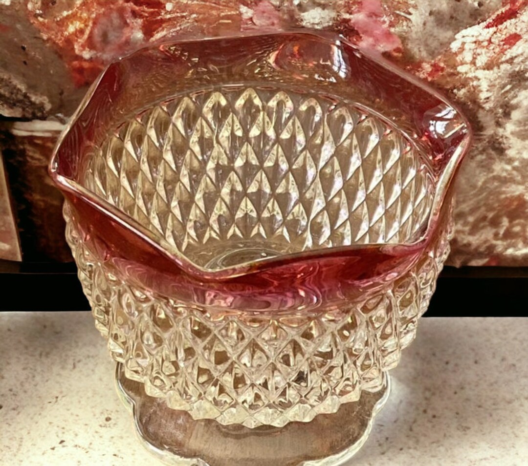Vintage Indiana Glass Diamond Point Ruby Candle Bowl (MCM, Candle ...