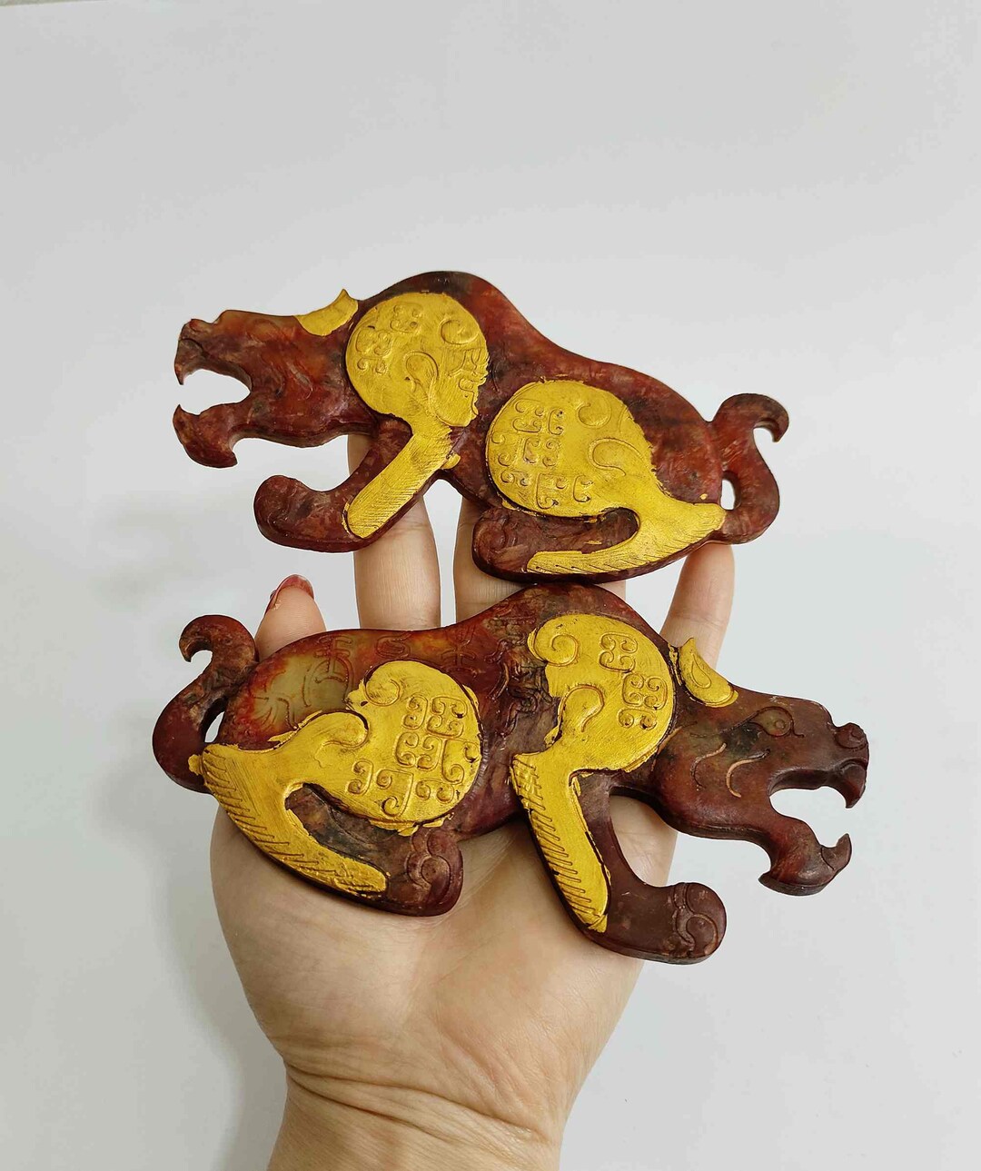 Vintage a Pair Chinese Jade Carved Gold Inlay Tiger Statue Commander's ...