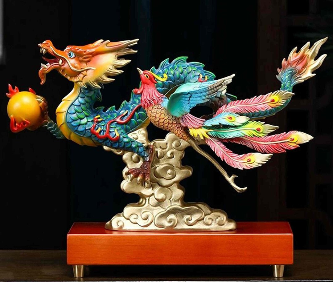 Beautifully Copper Hand Carved Dragon Phoenix Statue, Home Decoration ...