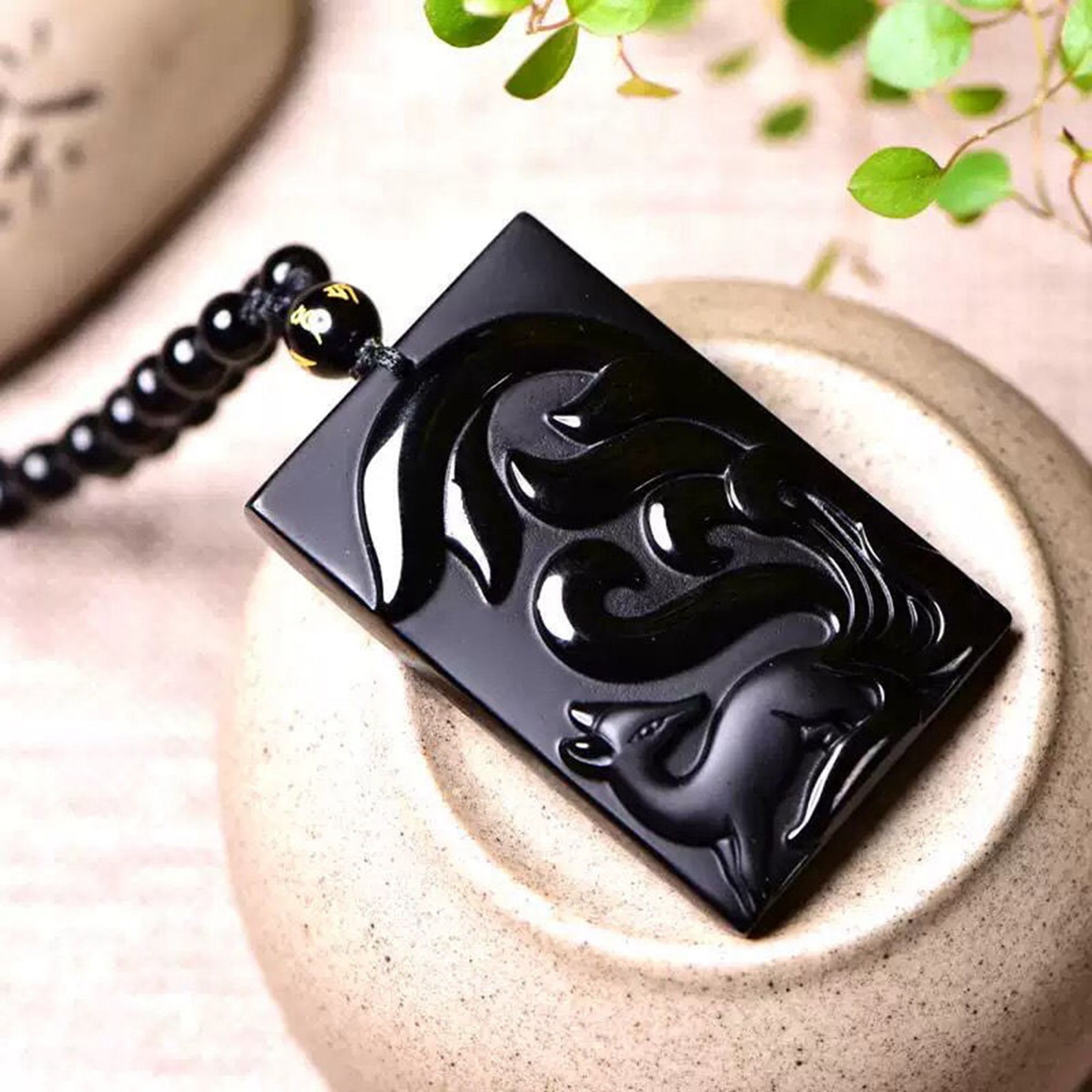 Natural Obsidian Carved Nine-tailed Fox Amulet Pendant It is - Etsy