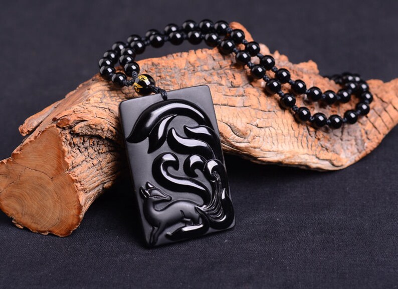 Natural Obsidian Carved Nine-tailed Fox Amulet Pendant It is - Etsy