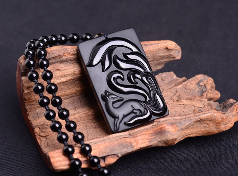 Natural Obsidian Carved Nine-tailed Fox Amulet Pendant It is - Etsy