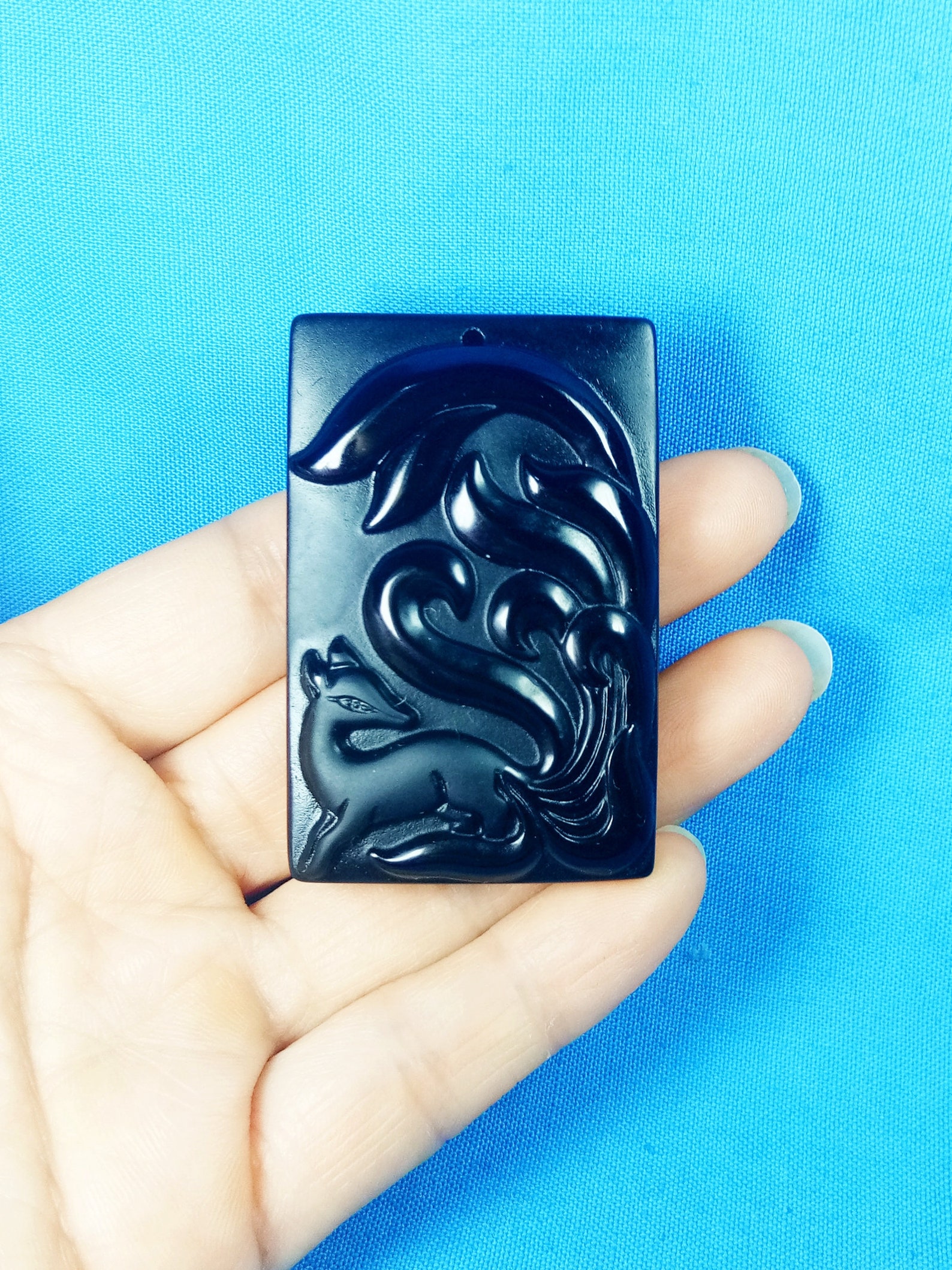 Natural obsidian carved nine-tailed fox amulet pendant It is | Etsy